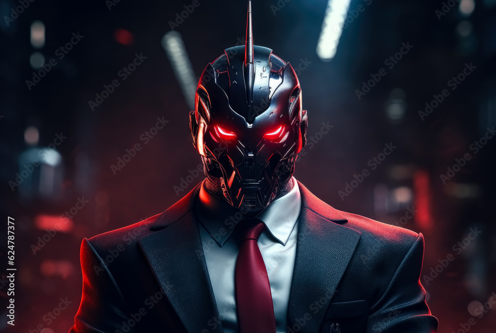Man with robotic head wearing a suit, futuristic robot, glowing red ...