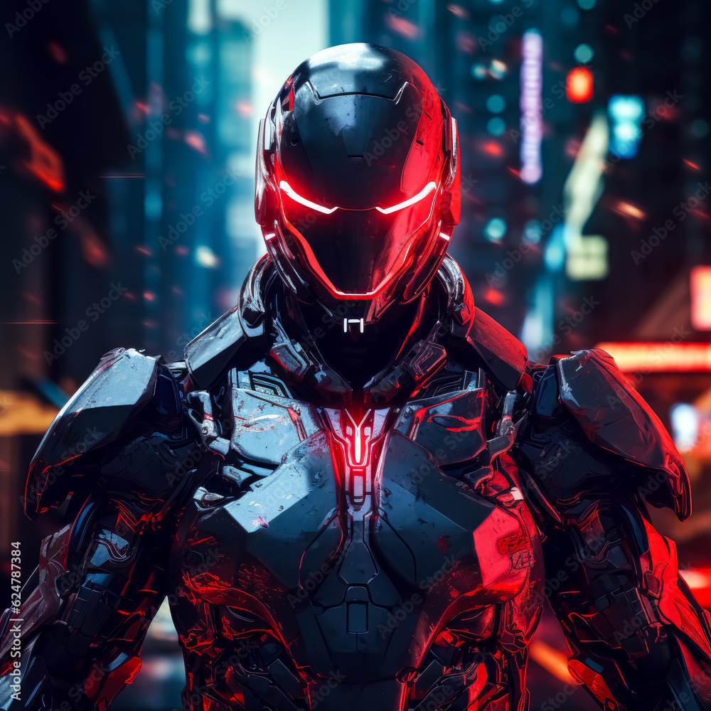 Comic superhero in metal red armor with red lights behind him, in the ...