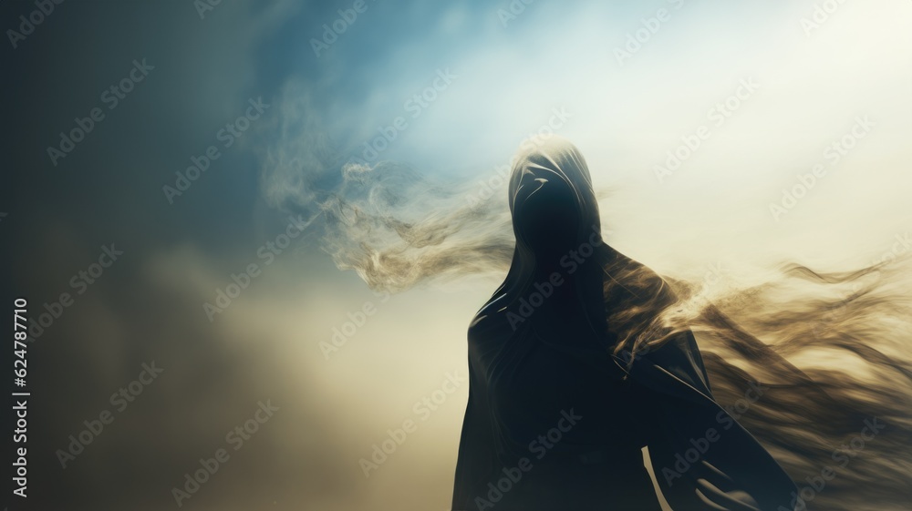 Scary shadowy grim reaper wandering in ethereal sandstorm of dust ...
