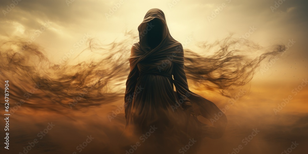 Scary shadowy grim reaper wandering in ethereal sandstorm of dust ...