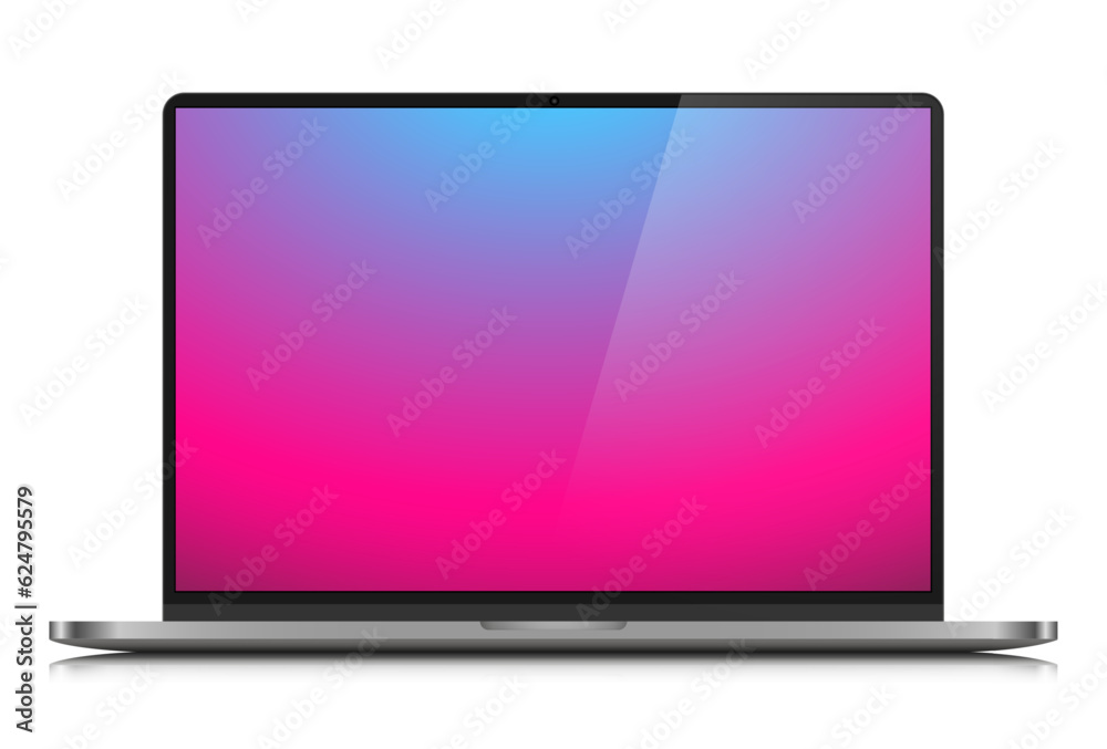Realistic laptop with a color gradient screen and glare on a white ...