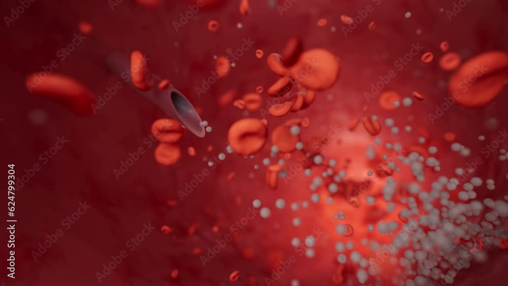 Hypodermic syringe injects substance into an artery filled with moving ...