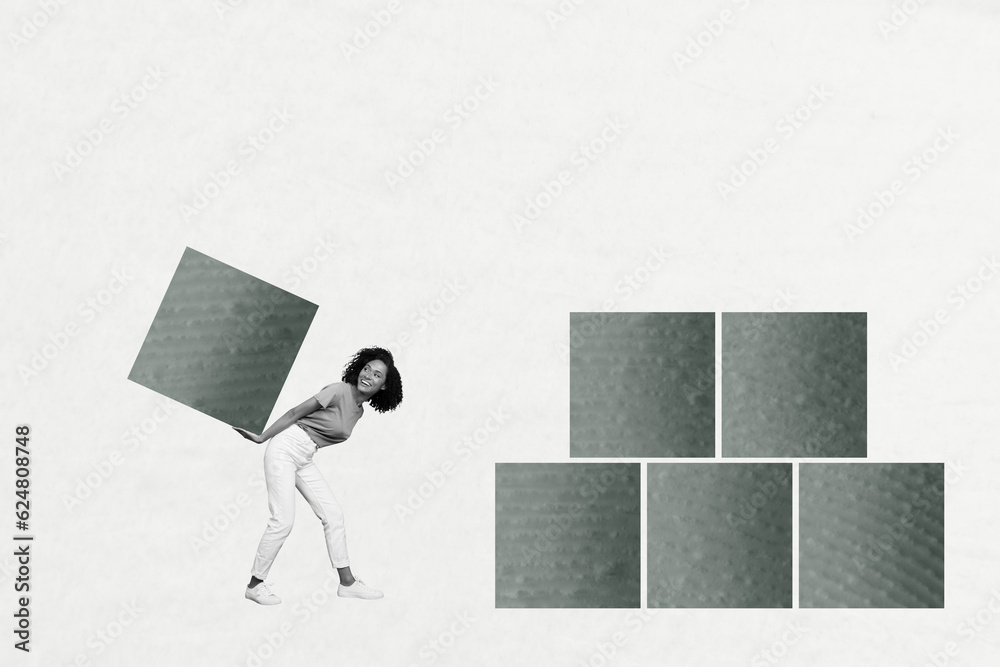 Artwork magazine collage picture of strong lady building big pyramid ...