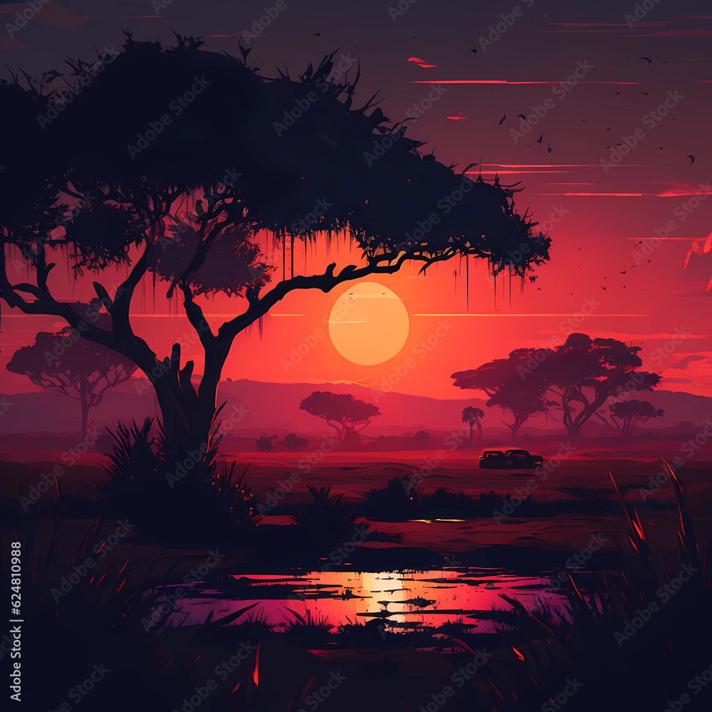 Dawn in african savanna. Beautiful nature illustration for art design ...