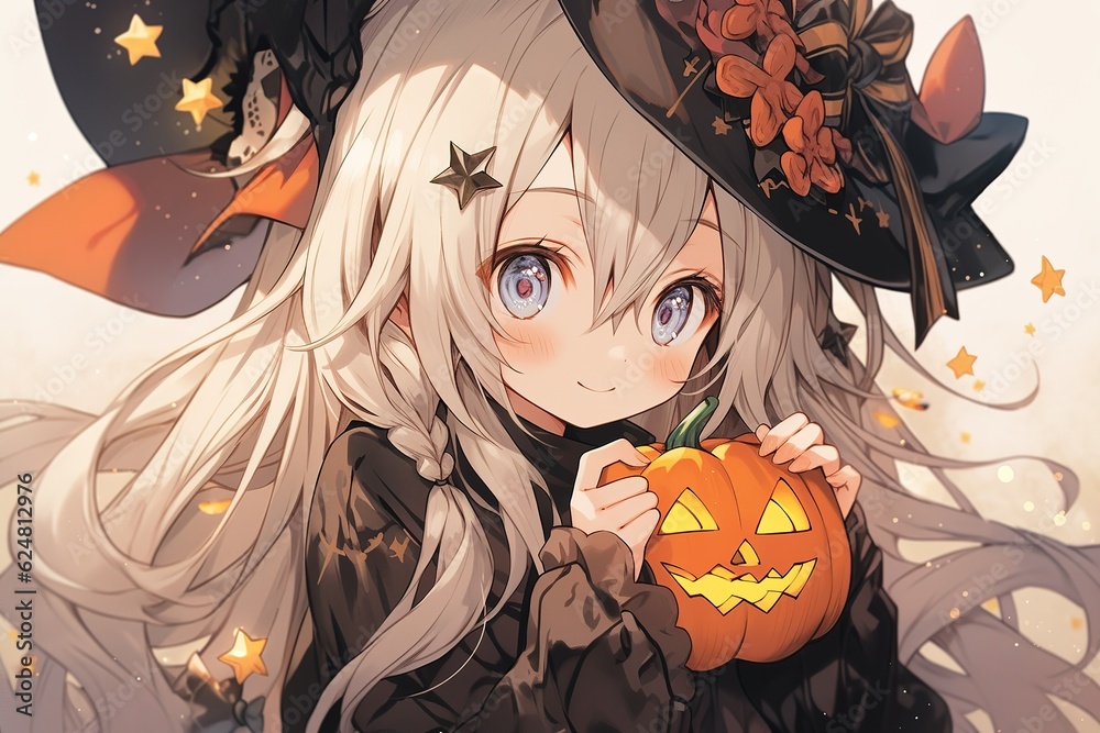 cute anime girl with long white hair holding carved pumpkin for ...