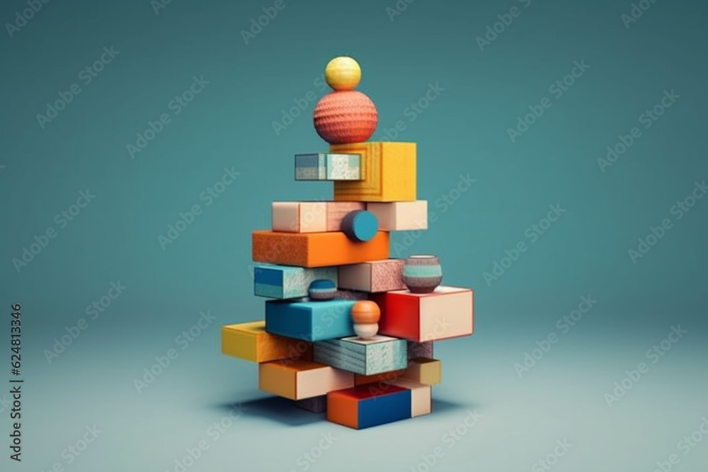 An abstract sculpture composed of stacked and layered geometric shapes ...