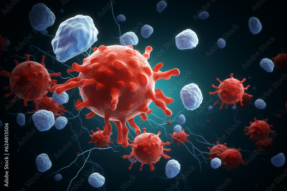 Depicting cancerous cells invading and attacking healthy brain tissue ...