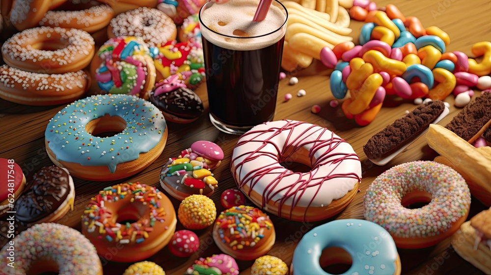 Still life food, unhealthy sweet menu with donuts and coke. Stock ...