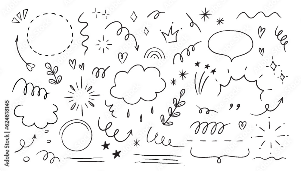 Sketch line simple elements such as cloud, star, heart shape. Hand ...