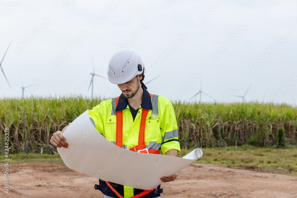man engineer worker wearing safety uniform holding and reading ...