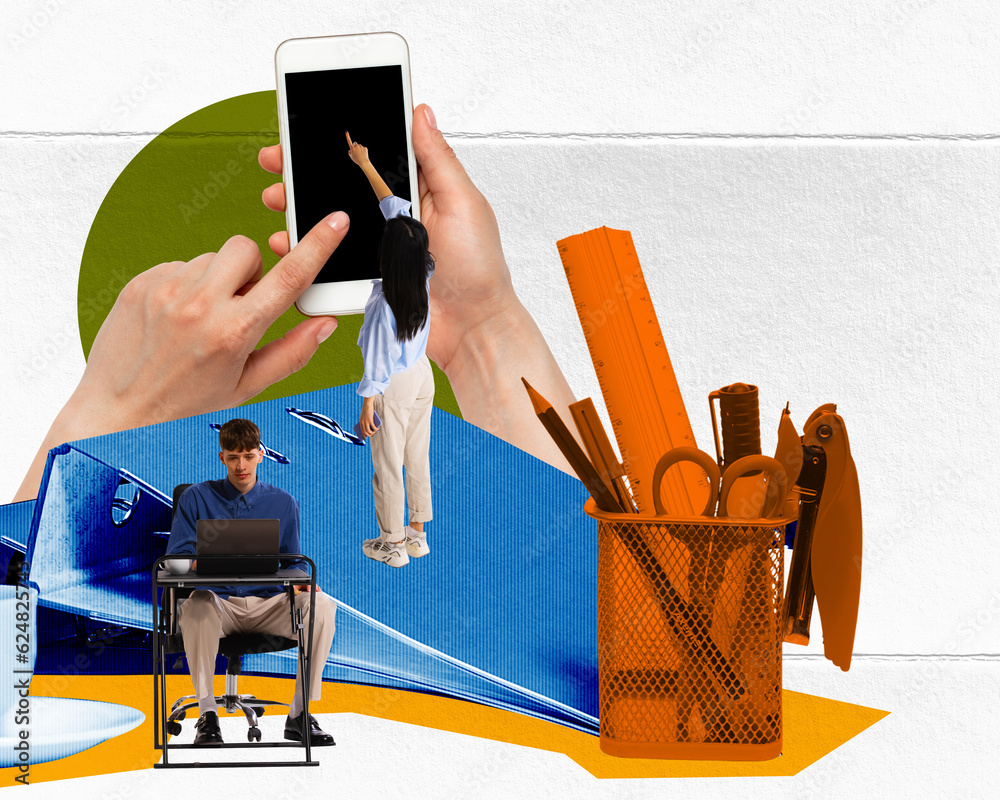 Contemporary art collage. Young people studying and working remotely ...