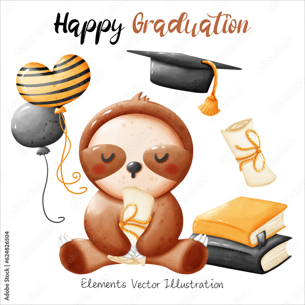 Cute Sloth Graduation Books ,Cap ,Balloons heart Yellow Black ...