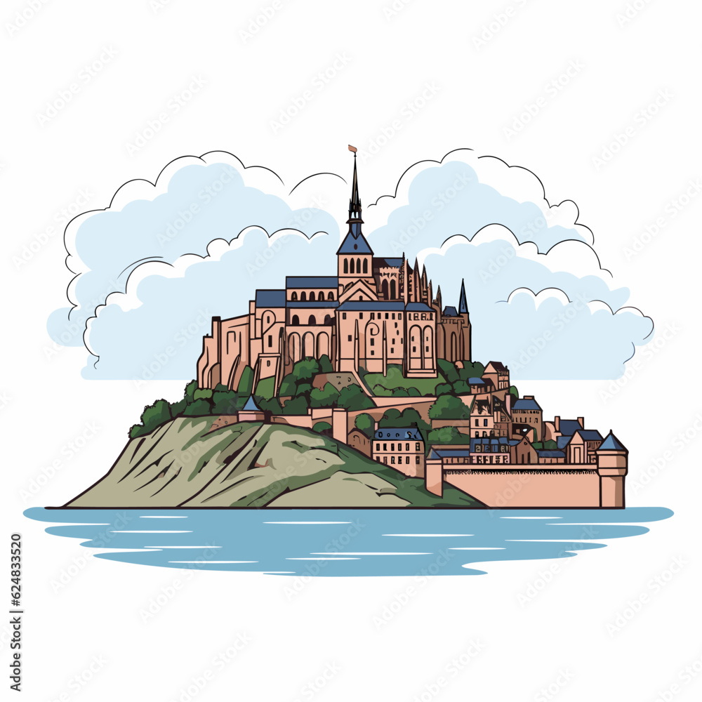 Mont Saint-Michel hand-drawn comic illustration. Mont Saint Michel ...