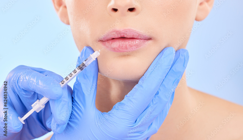 Injection, woman and lips with plastic surgeon for beauty with botox or ...