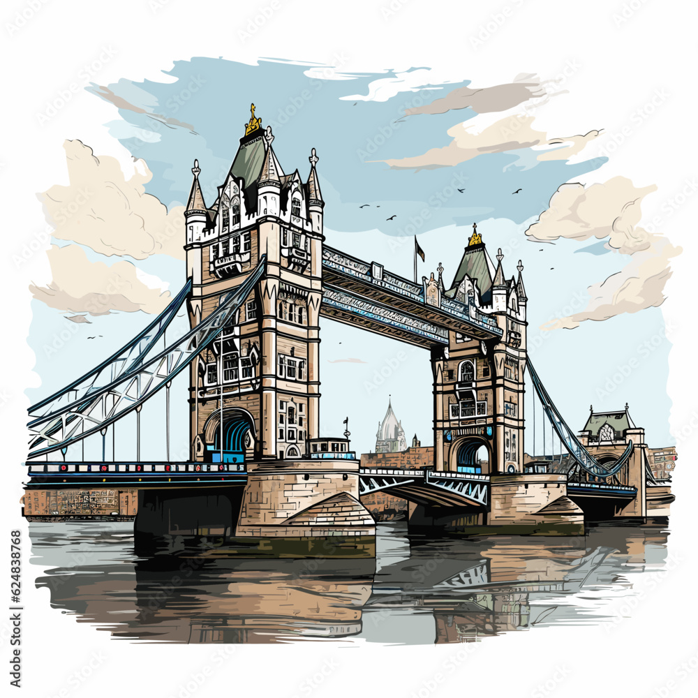 Tower Bridge hand-drawn comic illustration. Tower Bridge. Vector doodle ...