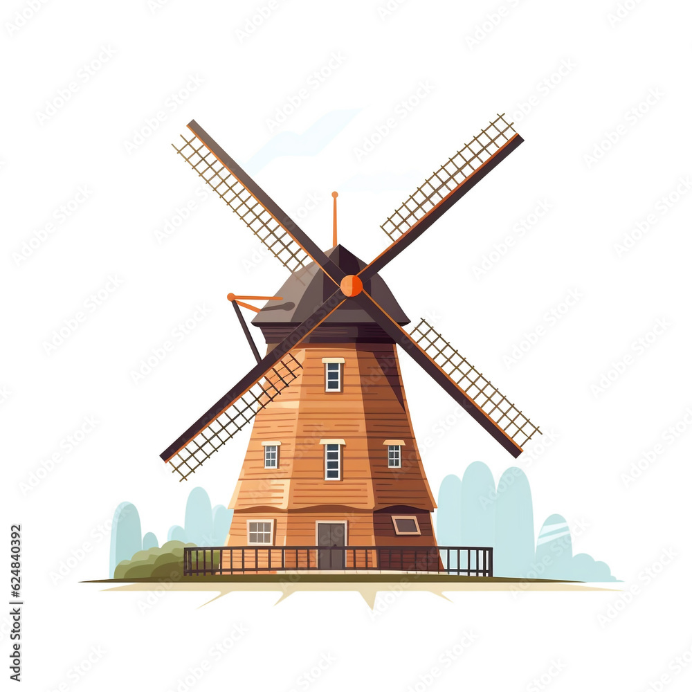2D illustration of a windmill isolated on a white background. The ...