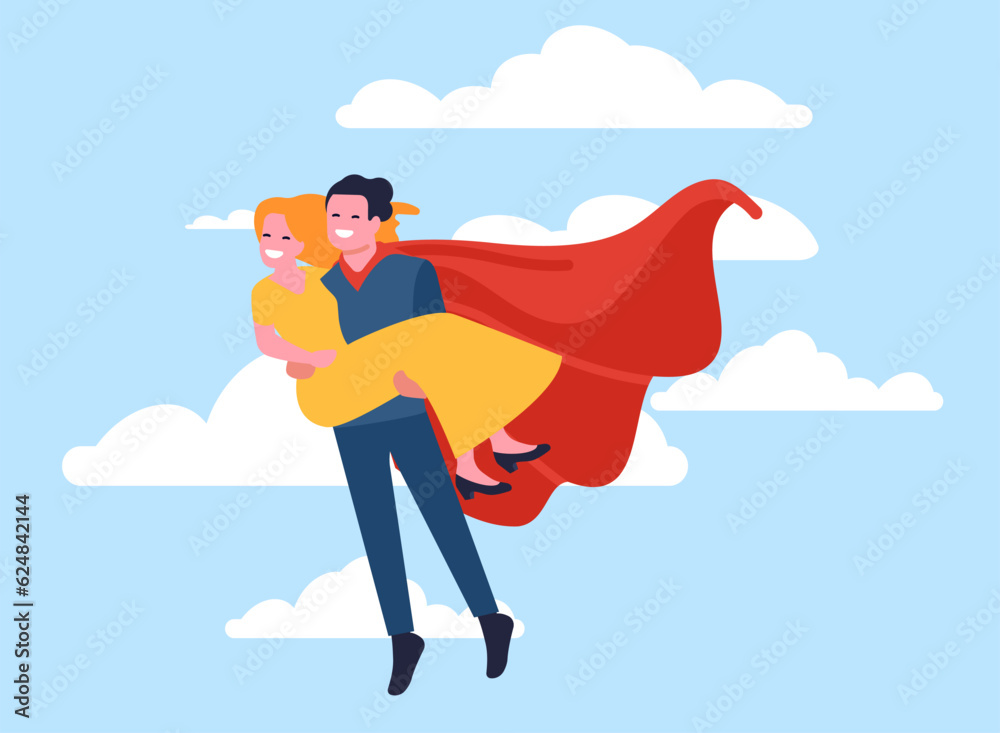 Superman saves woman. Powerful man carries female in arms. Brave hero ...