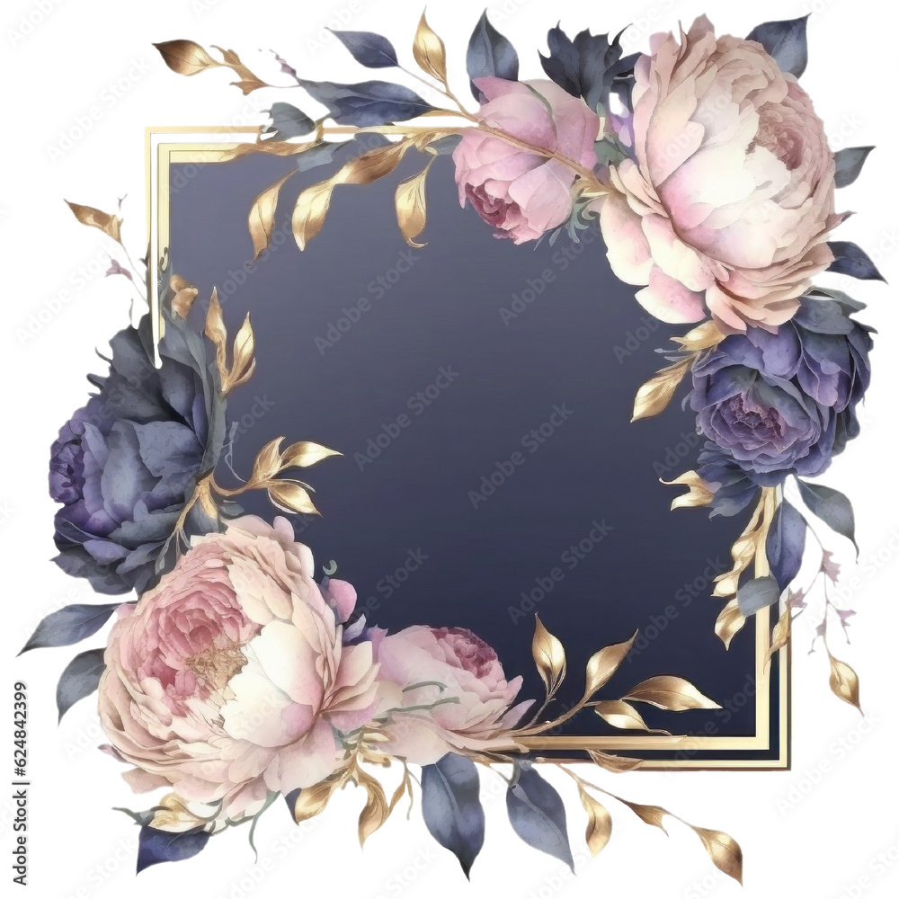 Navy blue square floral frame with peonies, gold, indigo blue& dusty ...