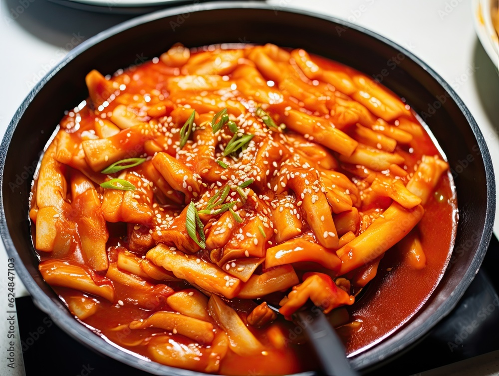 Top view flat lay shot of rabokki, tkeokbokki or topokki with ramen, a ...