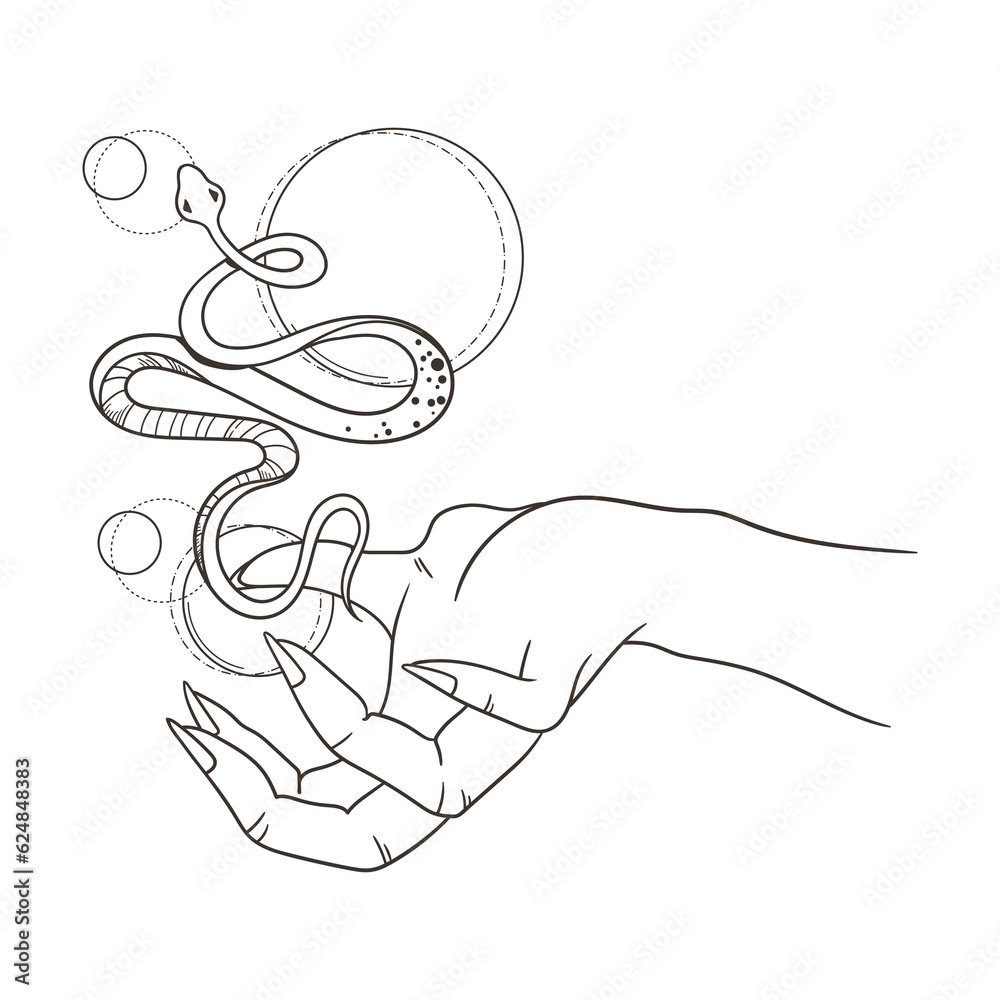 Mystical human hand, snake and abstract shapes, magic unreal ...