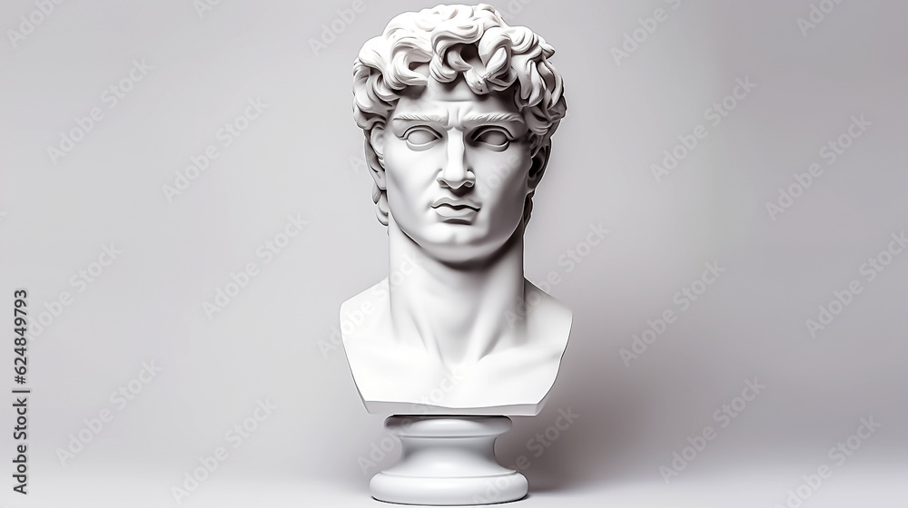Gypsum statue of David's head. Michelangelo's David statue plaster copy isolated on white ...