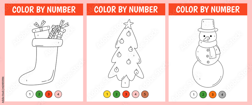 Set color by number game for kids. Cute snowman, sock with gift box ...