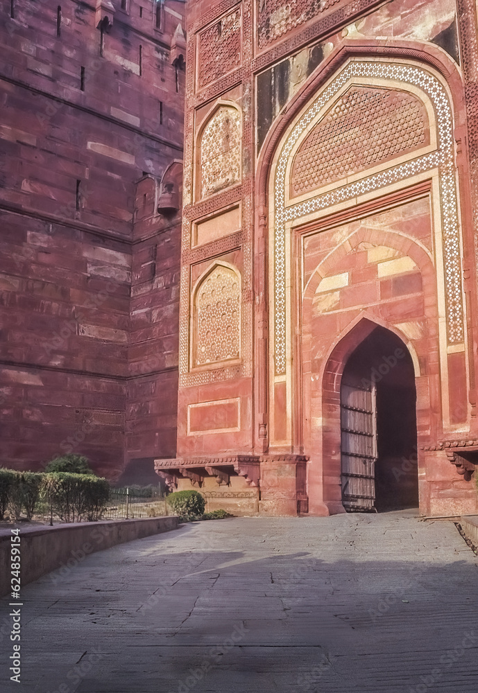 Main gate to Agra fort also known as the red fort built by the Mughal ...