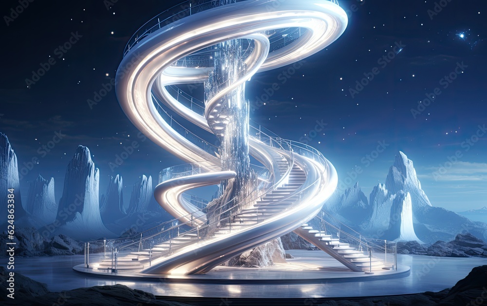 Amazing interior view of a futuristic spiral staircase tower that takes ...