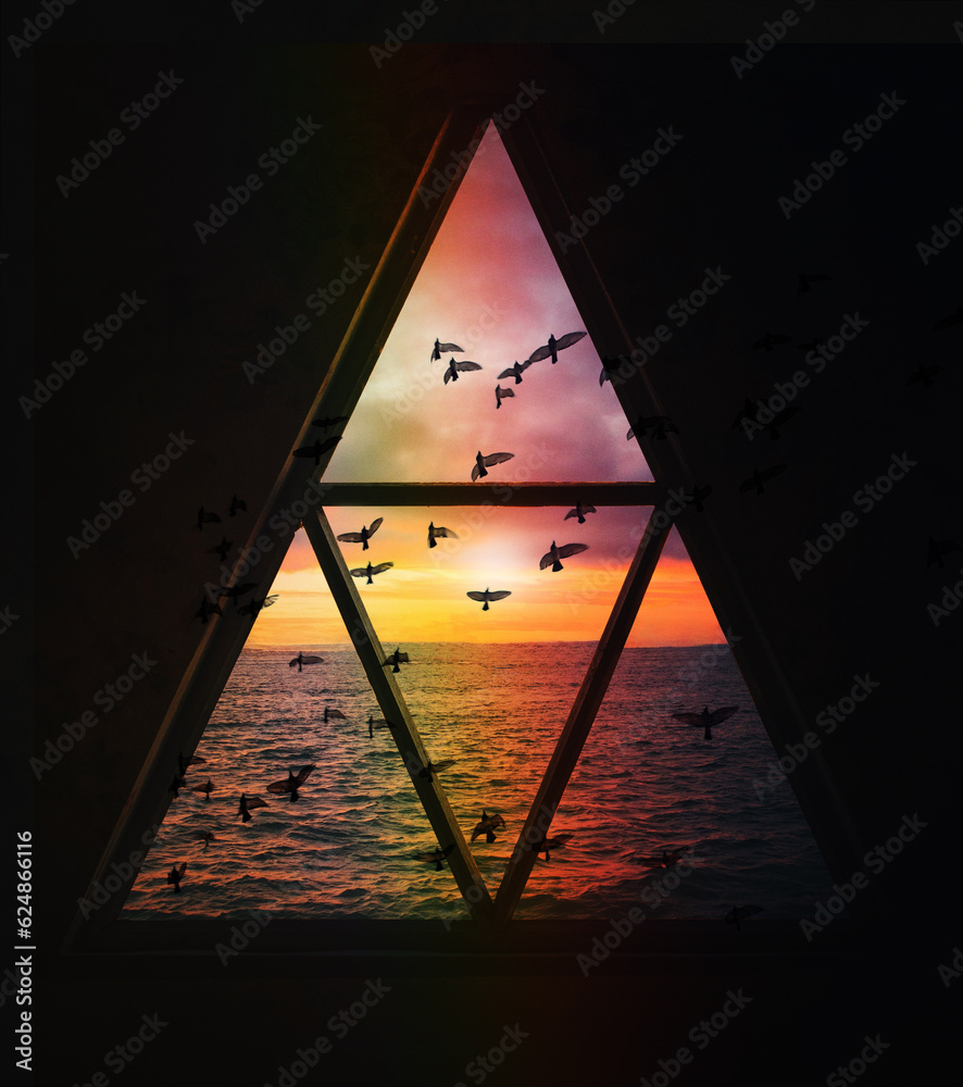 surrealism art with a flock of birds in the triangle window view Stock ...