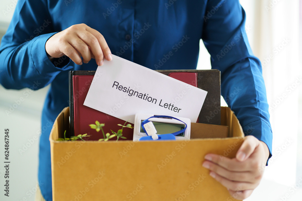 Poster Quit Job Business man sending resignation letter and packing ...
