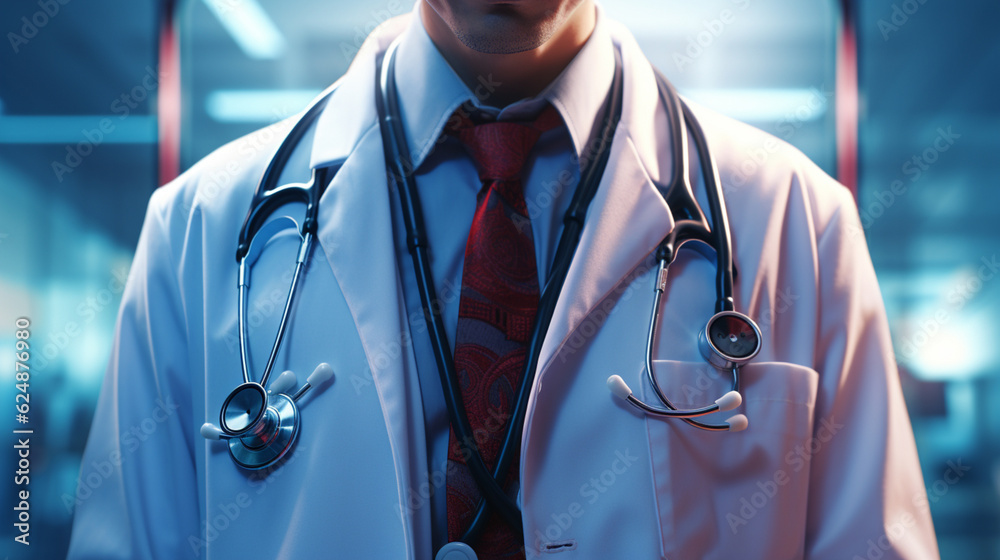 Medical doctor, cross arm, close - up on chest area, stethoscope ...