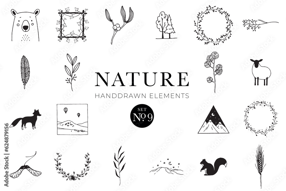 Handdrawn nature elements, Doodle illustrations, Natural drawings Stock ...
