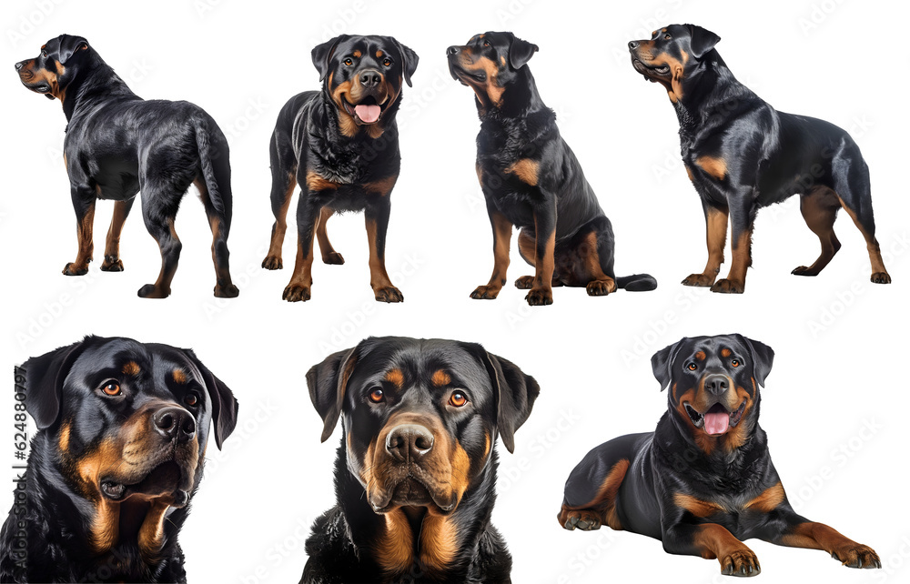 Rottweiler dog puppy, many angles and view portrait side back head shot ...