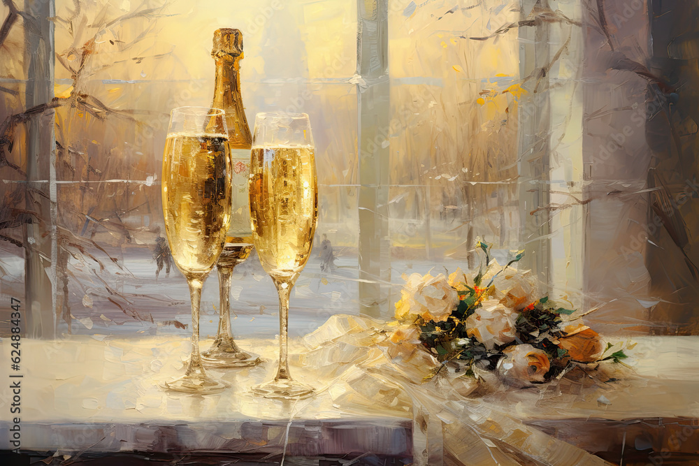 ilustracion de una pintura al oleo con copas y botella de champan y un ...