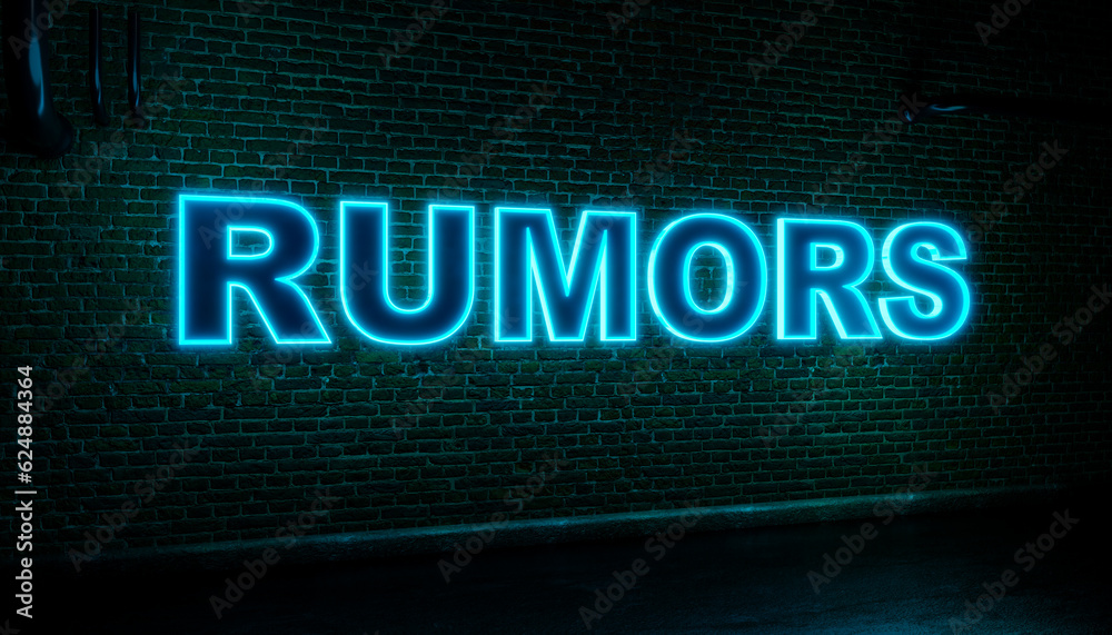 Rumors neon sign. Brick wall at night with the word "Rumors" in blue ...