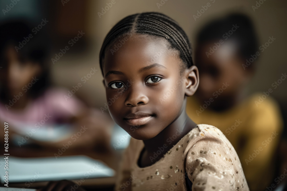 Generative AI image of portrait of cute black kid in braids looking at ...