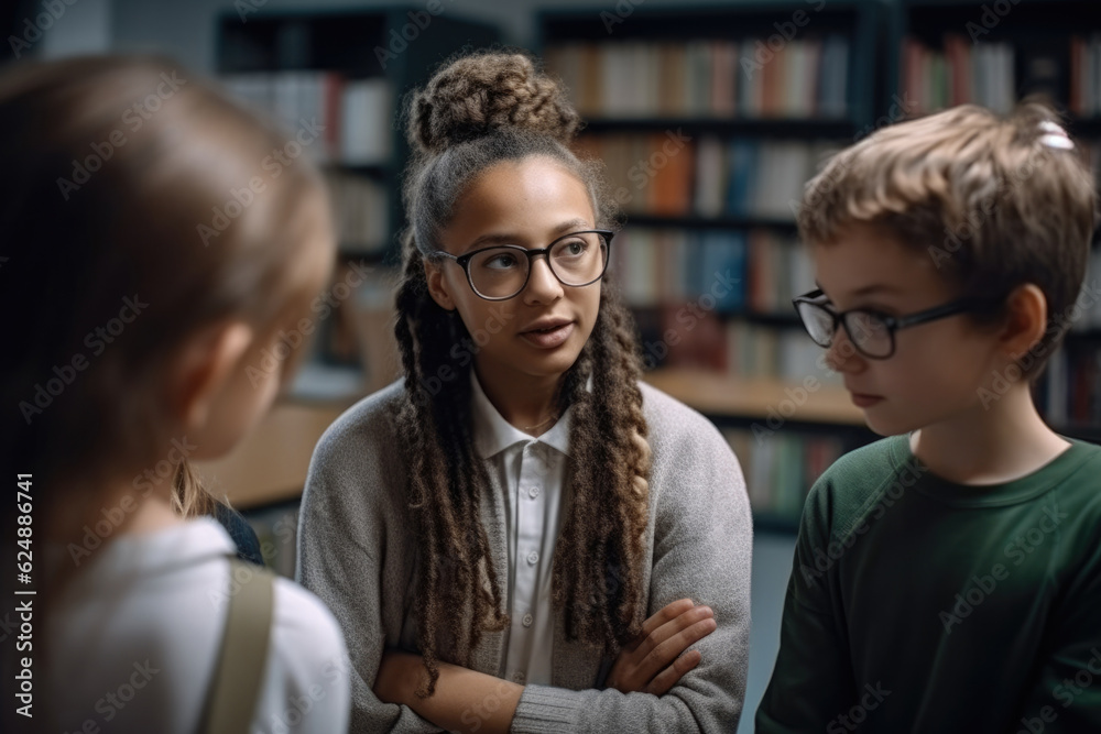 Generative AI image of preteen diverse students in eyeglasses looking ...