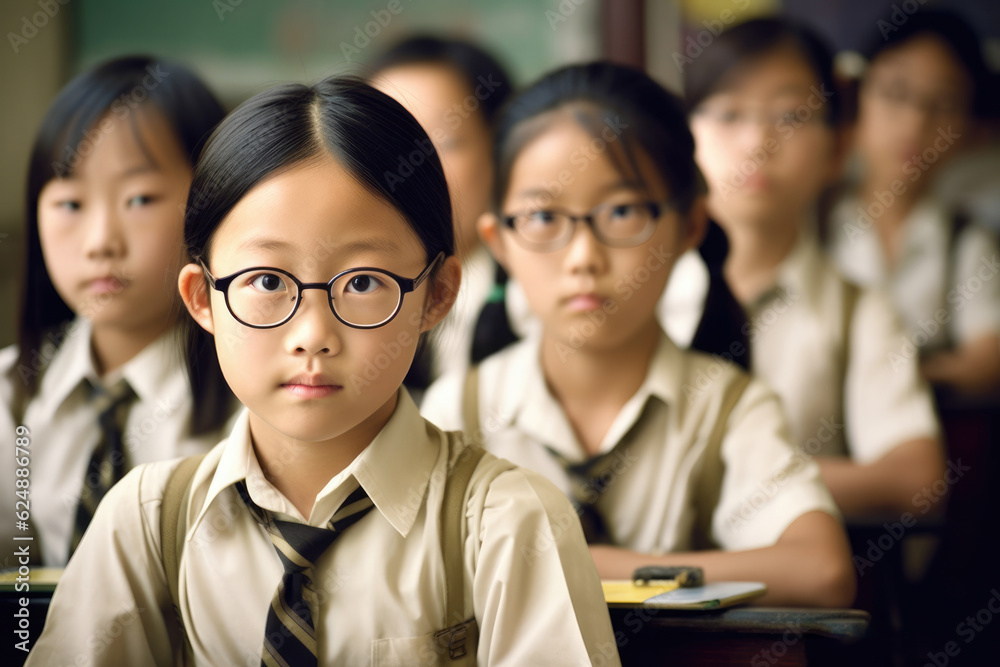 Generative AI image of Asian preteen kid in eyeglasses and uniform ...
