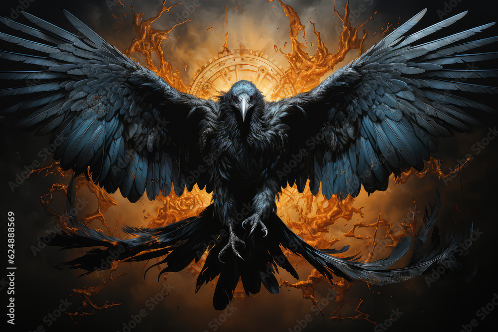 dark raven standing in the middle with open wings, pastel color ...