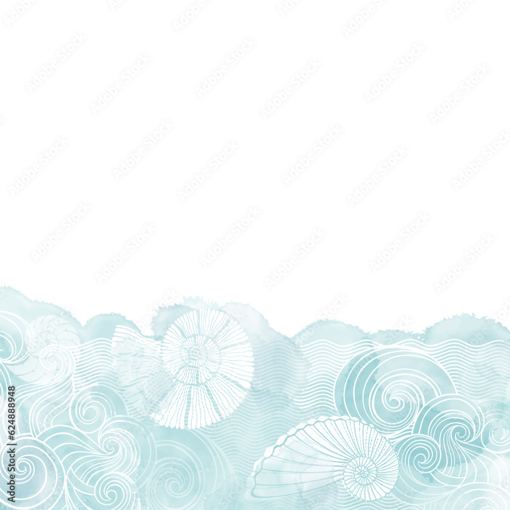 Marine art templates. Vector illustration with waves, shells on a blue ...