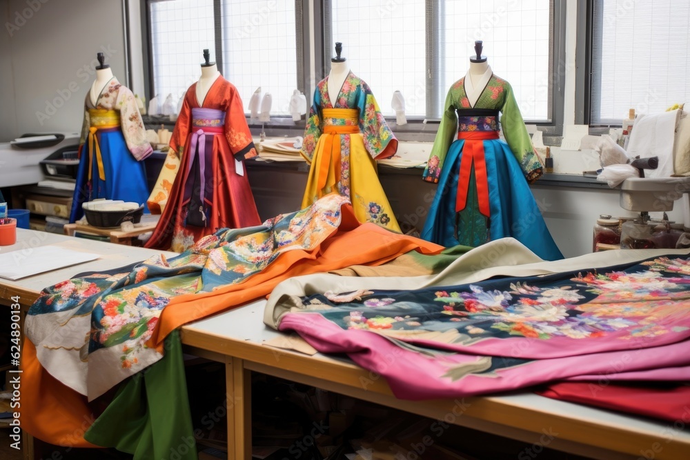 hanbok in different stages of completion on a worktable, created with ...