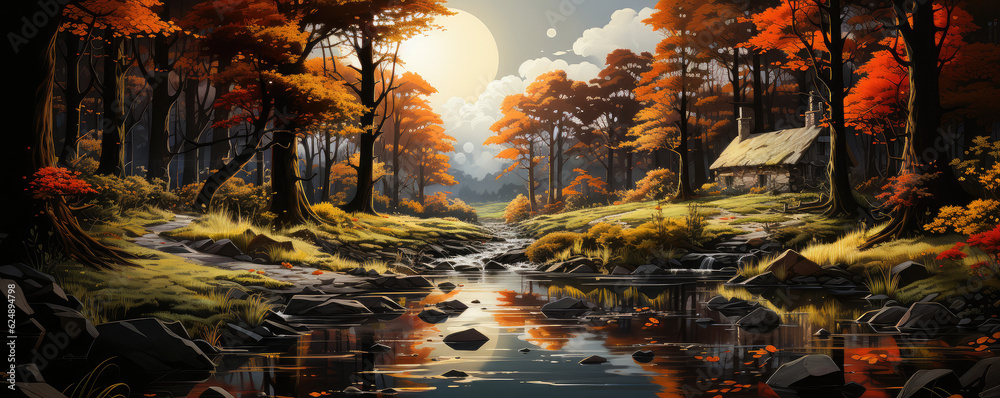 log cabin in maple forest by river, anime style look, background ...