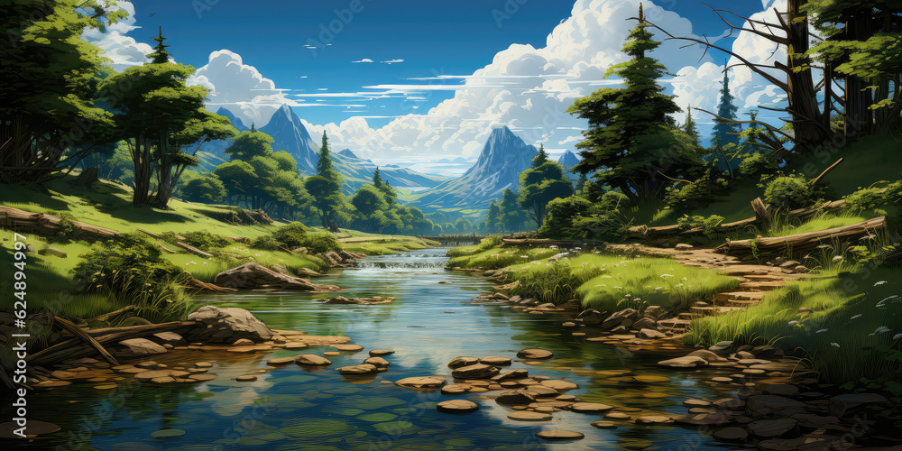 log cabin in maple forest by river, anime style look, background ...
