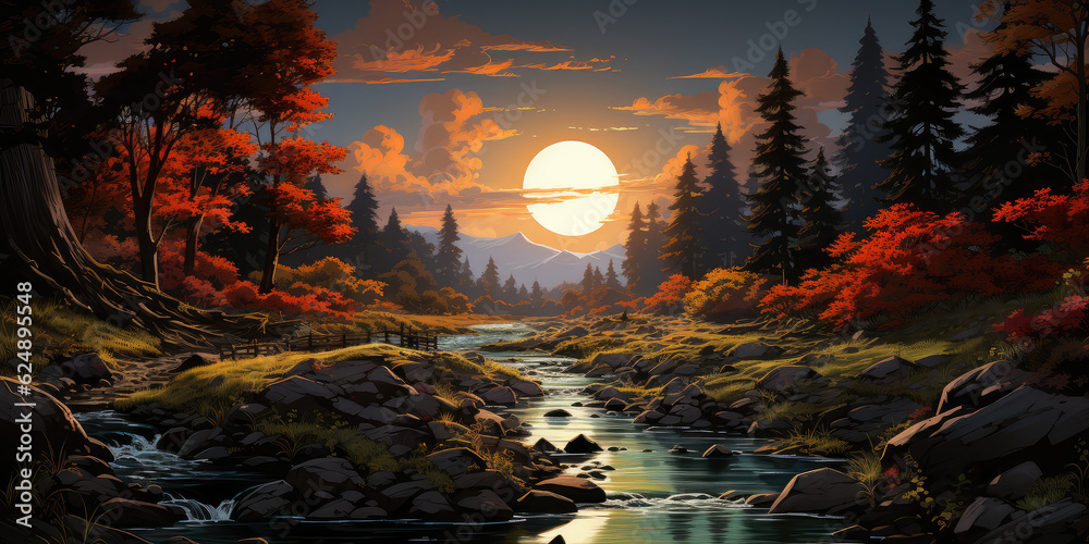 log cabin in maple forest by river, anime style look, background ...