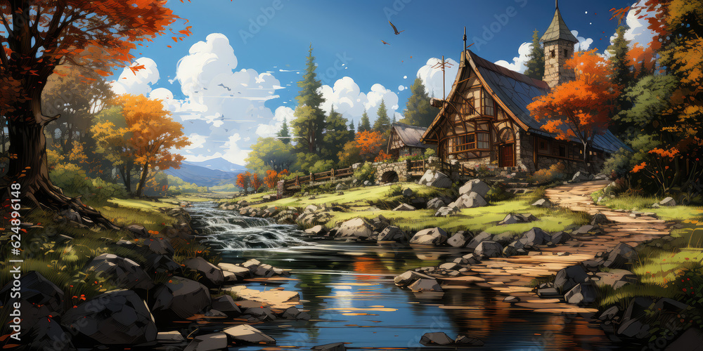log cabin in maple forest by river, anime style look, background ...