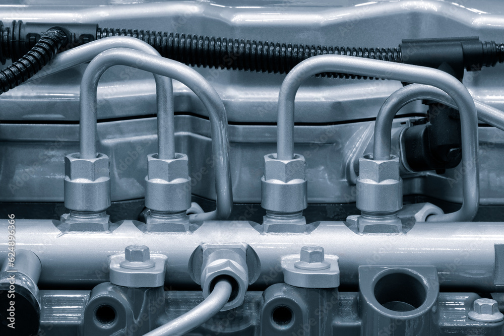 Blue diesel engine. Fragment of a diesel motor close-up. Selective on ...