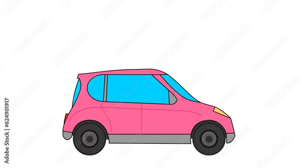 Electric small pink car loop animation. Side view, woman hybrid cartoon ...