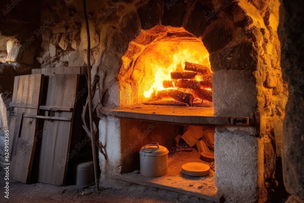 stone oven with open door revealing glowing embers inside, created with ...