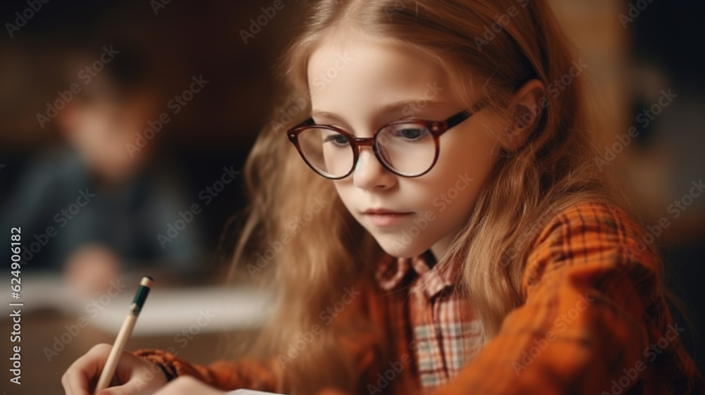 Child Student Girl in Classroom at the Desk, Young Enthusiastic Pupil ...