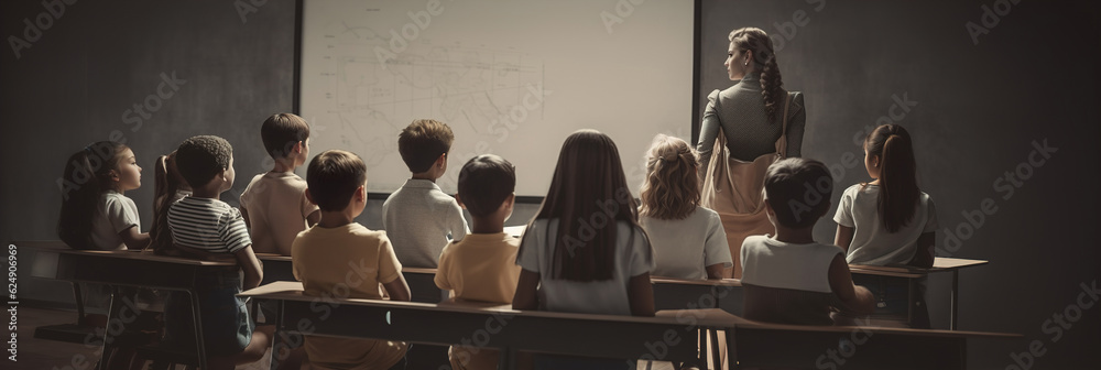 Young Pupils Learning in Classroom, Teacher Explains Education Program ...